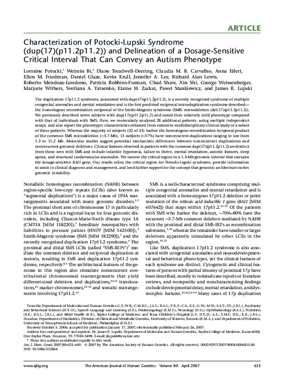 (PDF) Characterization of Potocki-Lupski Syndrome (dup(17)(p11.2p11.2 ...