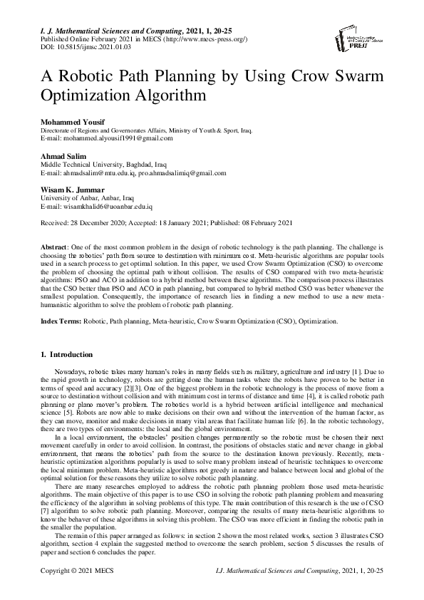 (PDF) A Robotic Path Planning by Using Crow Swarm Optimization Algorithm