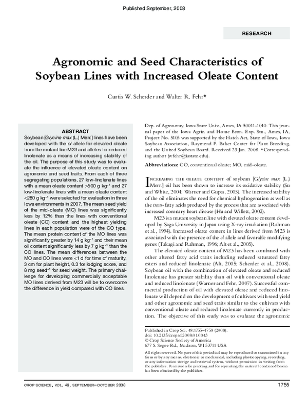 (PDF) Agronomic and Seed Characteristics of Soybean Lines with Alleles for Modified Glycinin ...