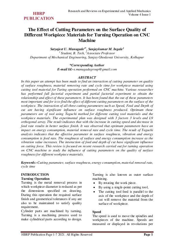 (PDF) The Effect of Cutting Parameters on the Surface Quality of Different Workpiece Materials ...