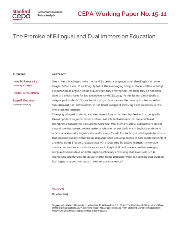 (PDF) The Promise of Bilingual and Dual Immersion Education. CEPA ...