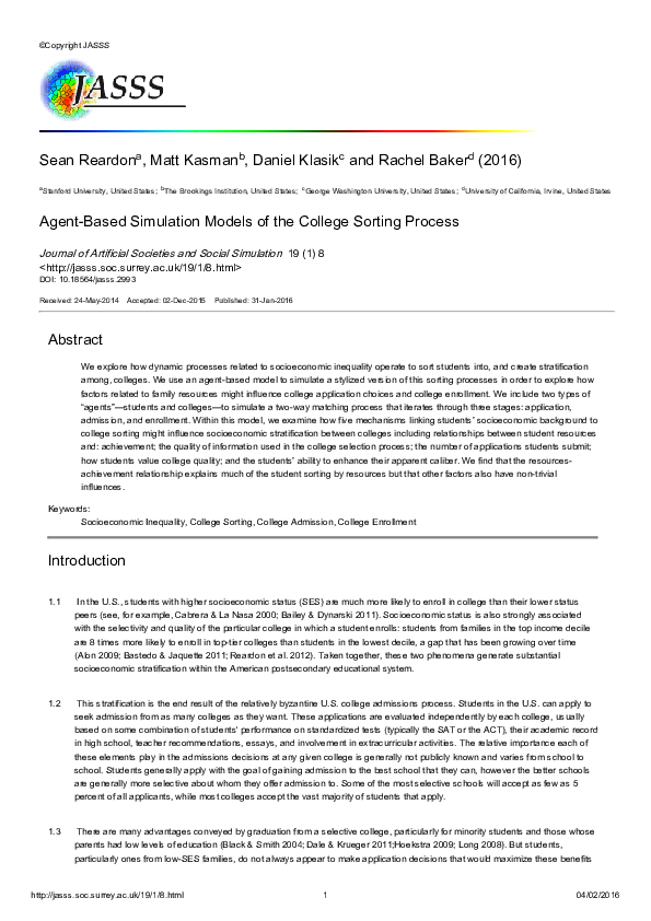 (PDF) Agent-Based Simulation Models of the College Sorting Process