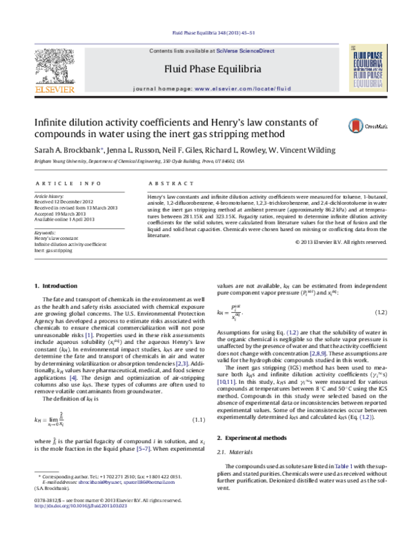 (PDF) Infinite dilution activity coefficients and Henry's law constants ...