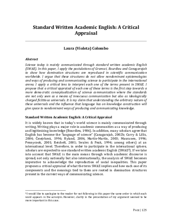 (PDF) Standard Written Academic English: A Critical Appraisal