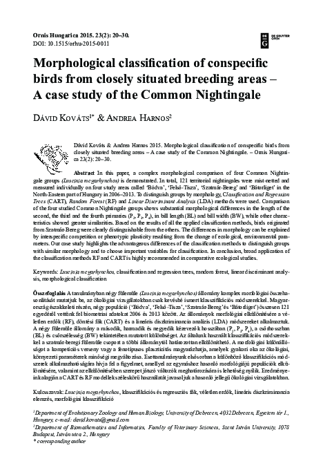 (PDF) Morphological classification of conspecific birds from closely situated breeding areas – A ...