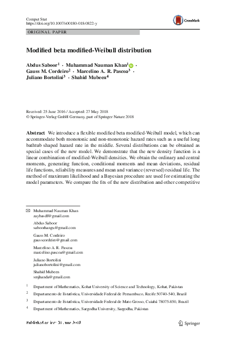 (PDF) Modified beta modified-Weibull distribution