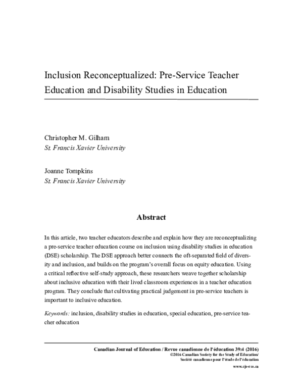 (PDF) Inclusion Reconceptualized: Pre-Service Teacher Education and ...