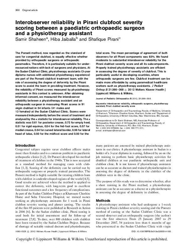 (PDF) Interobserver reliability in Pirani clubfoot severity scoring ...