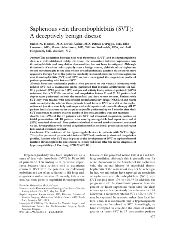 (PDF) Saphenous vein thrombophlebitis (SVT): A deceptively benign disease