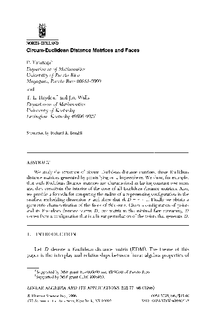 (PDF) Circum-Euclidean distance matrices and faces | Pablo Tarazaga - Academia.edu