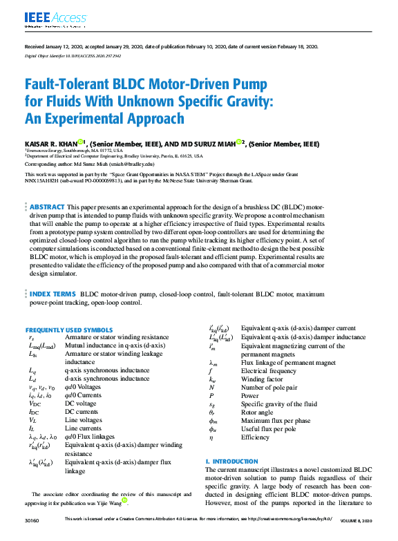 Pdf Fault Tolerant Bldc Motor Driven Pump For Fluids With Unknown Specific Gravity An