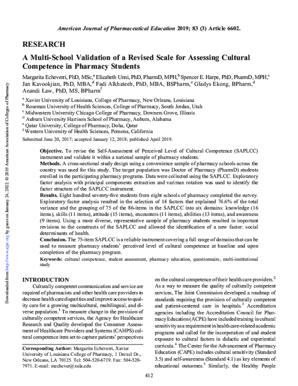 (PDF) A Multi-School Validation of a Revised Scale for Assessing Cultural Competence in Pharmacy ...