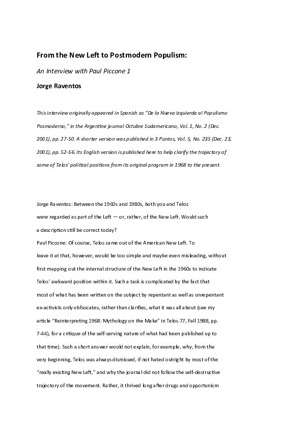 (DOC) From the New Left to Postmodern Populism: An Interview with Paul ...
