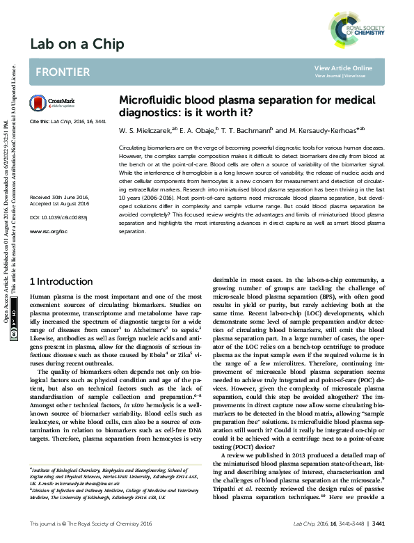 (PDF) Microfluidic blood plasma separation for medical diagnostics: is ...