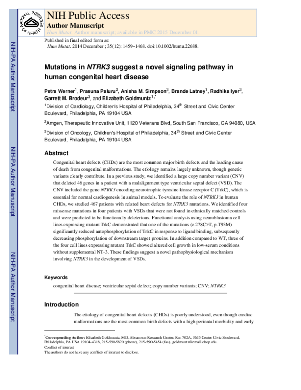 (PDF) Mutations in NTRK3 Suggest a Novel Signaling Pathway in Human Congenital Heart Disease ...
