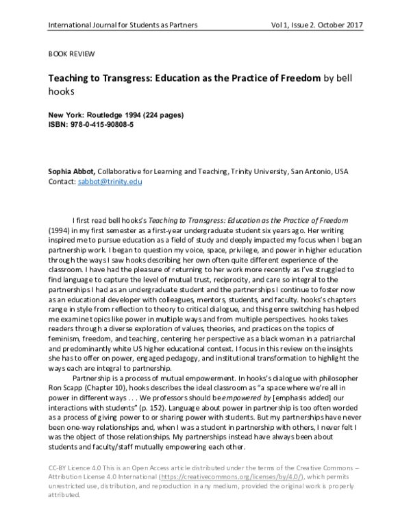 (PDF) Book Review of Teaching to Transgress: Education as the Practice ...