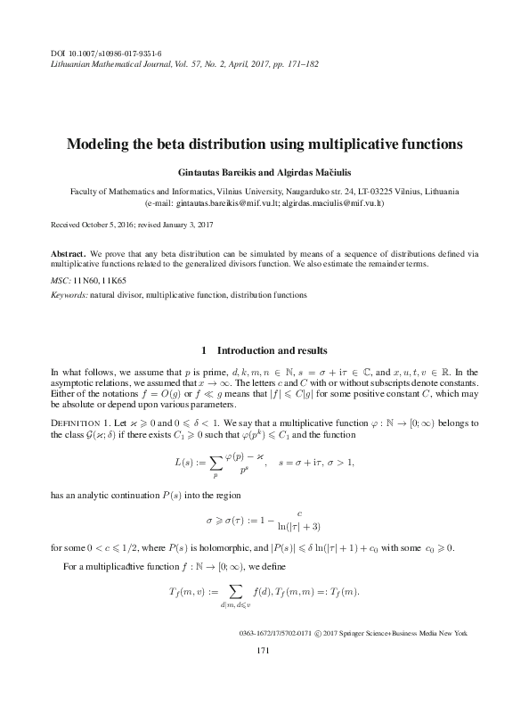(PDF) Modeling the beta distribution using multiplicative functions