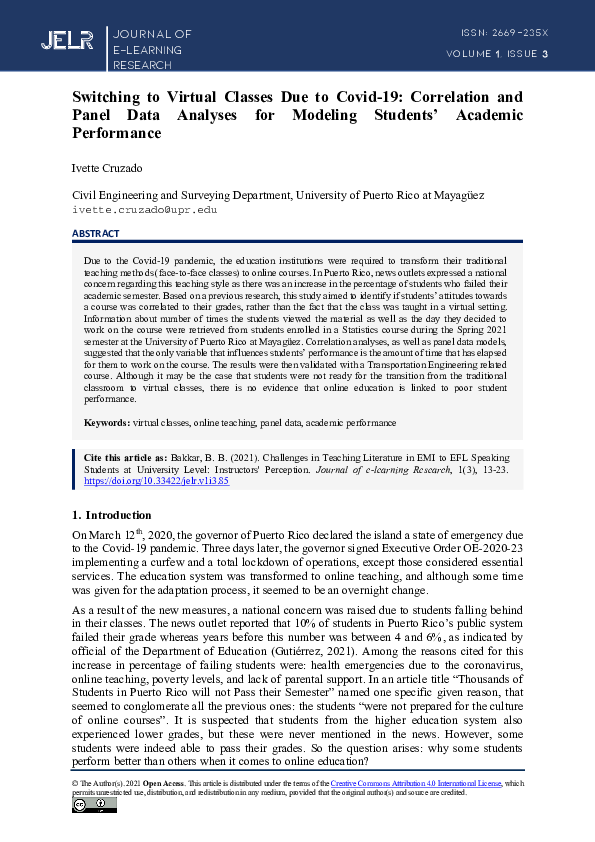 (PDF) Switching to Virtual Classes Due to Covid-19: Correlation and ...
