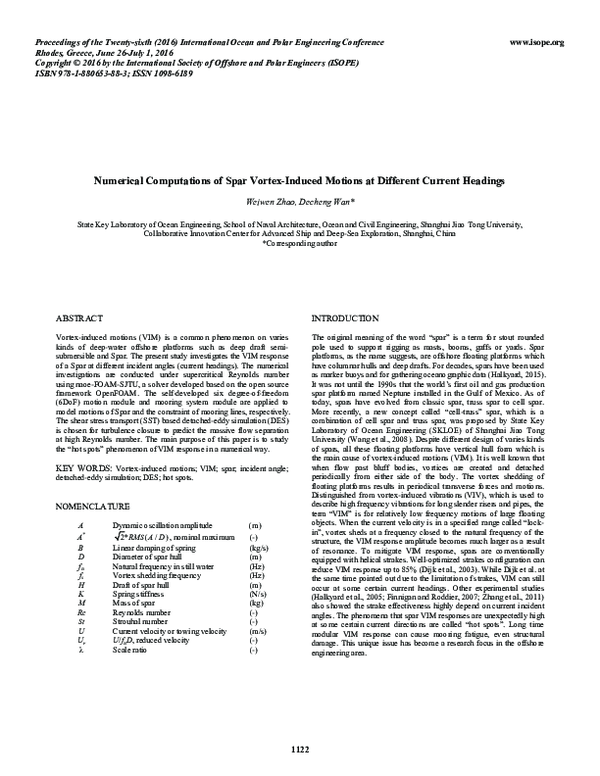 (PDF) Numerical Computations of Spar Vortex-Induced Motions at ...