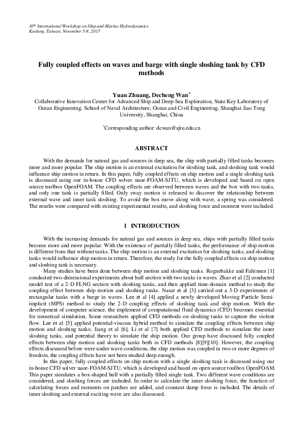 (PDF) Fully coupled effects on waves and barge with single sloshing tank by CFD methods