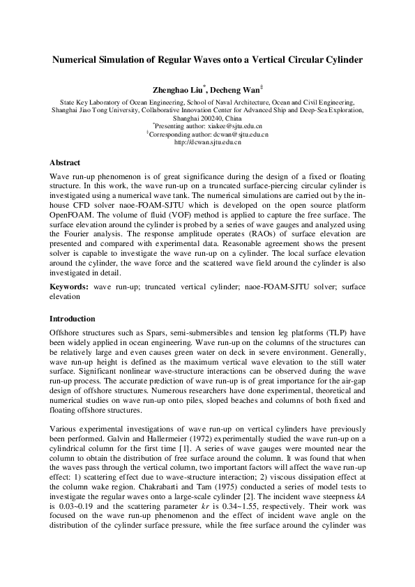 (PDF) Numerical Simulation of Regular Waves onto a Vertical Circular Cylinder