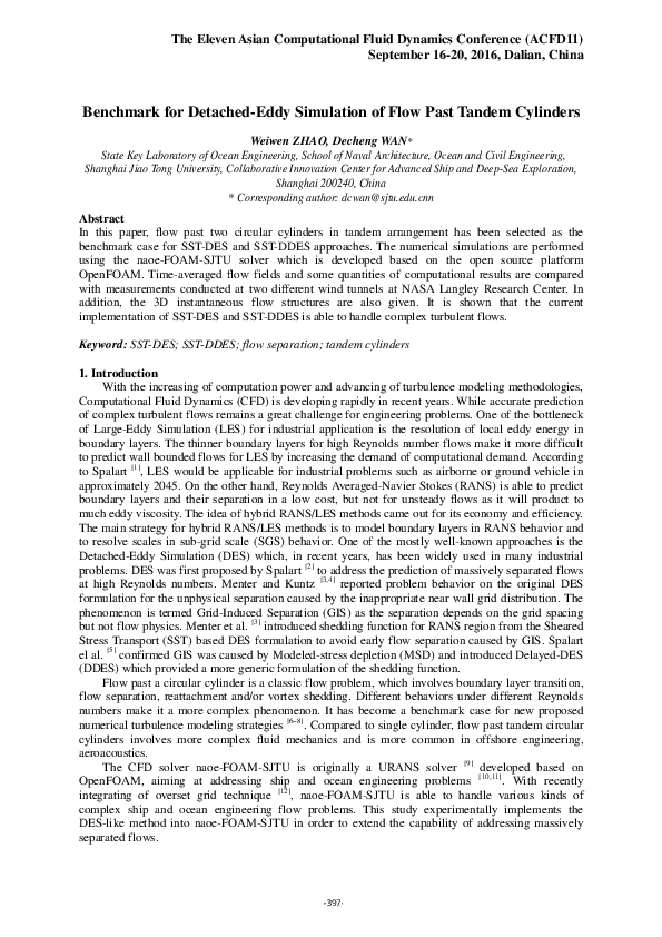 (PDF) Benchmark for Detached-Eddy Simulation of Flow Past Tandem Cylinders