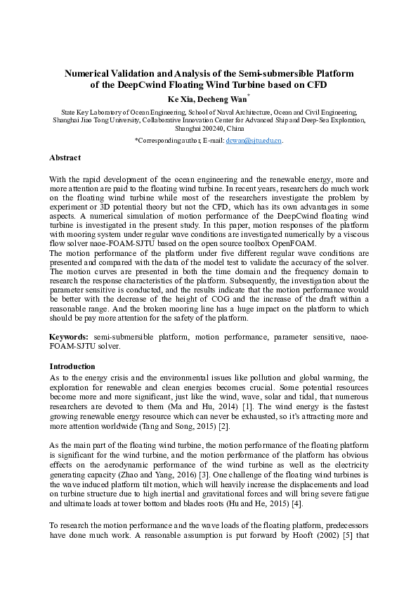 (PDF) Numerical Validation and Analysis of the Semi-submersible Platform of the DeepCwind ...