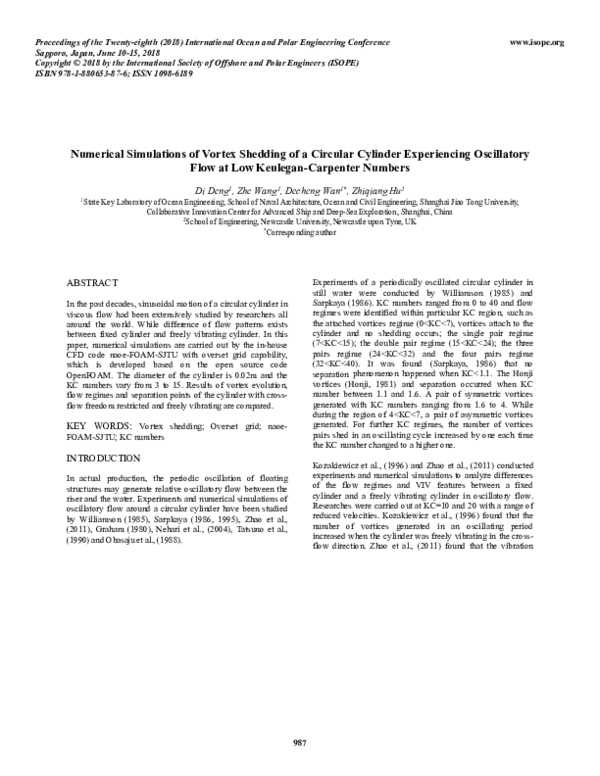 (PDF) Numerical simulations of vortex shedding of a circular cylinder experiencing oscillatory ...
