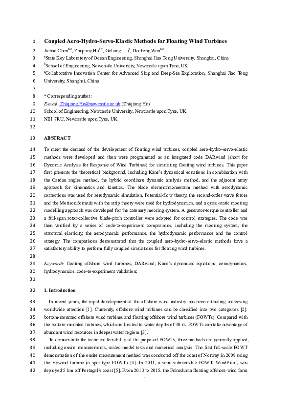 (PDF) Coupled aero-hydro-servo-elastic methods for floating wind turbines