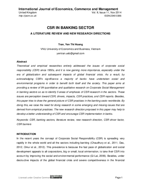 (PDF) CSR IN BANKING SECTOR A LITERATURE REVIEW AND NEW RESEARCH DIRECTIONS