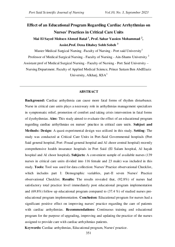 (PDF) Effect of an Educational Program Regarding Cardiac Arrhythmias on Nurses' Practices in ...
