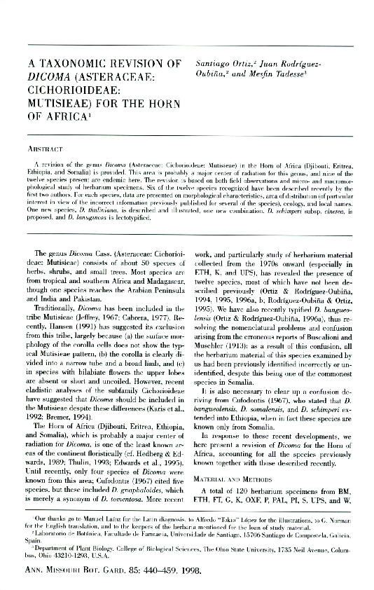 (PDF) A Taxonomic Revision of Dicoma (Asteraceae: Cichorioideae ...