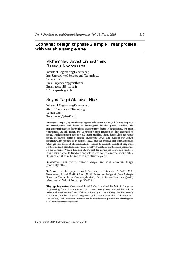 (PDF) Economic design of phase 2 simple linear profiles with variable sample size
