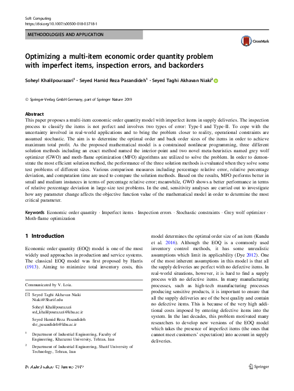 Pdf Optimizing A Multi Item Economic Order Quantity Problem With Imperfect Items Inspection