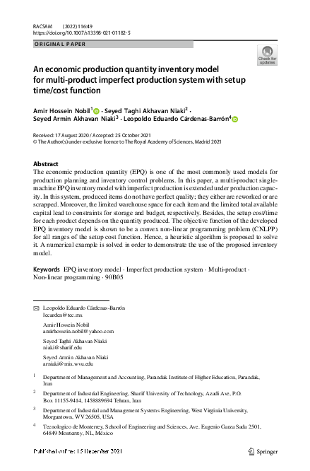 Pdf An Economic Production Quantity Inventory Model For Multi Product Imperfect Production