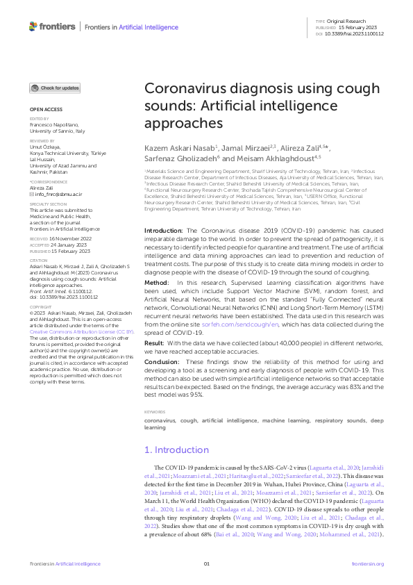 (PDF) Coronavirus diagnosis using cough sounds: Artificial intelligence approaches