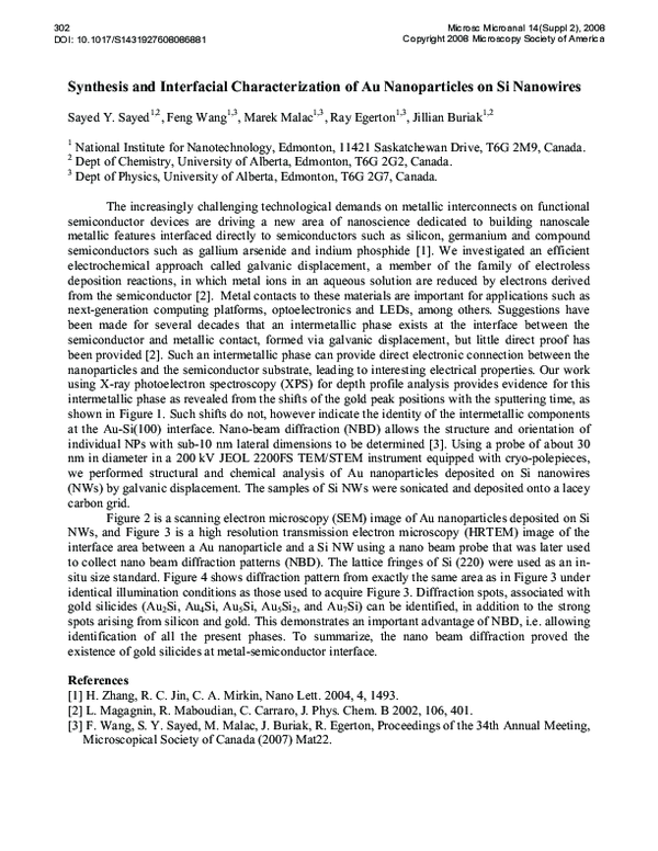 (PDF) Synthesis and Interfacial Characterization of Au Nanoparticles on Si Nanowires