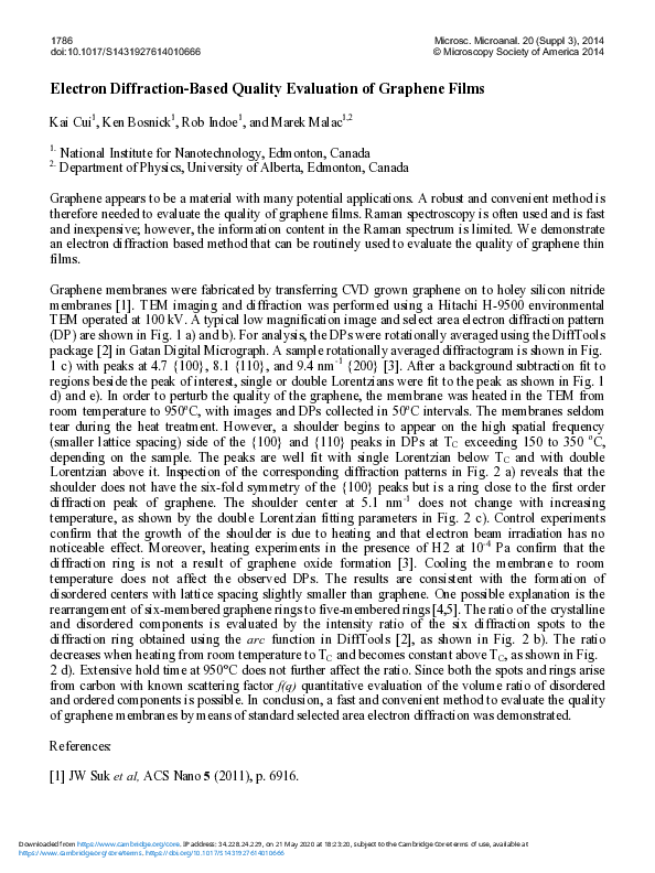 (PDF) Electron Diffraction-Based Quality Evaluation of Graphene Films | Marek Malac - Academia.edu