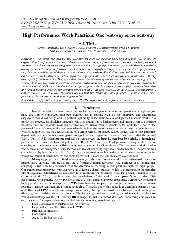 (PDF) High Performance Work Practices: One best-way or no best-way