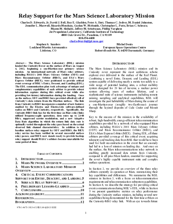 (PDF) Relay support for the Mars Science Laboratory mission