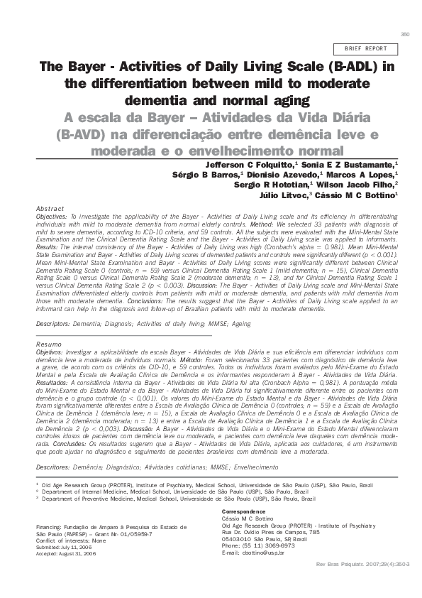 (PDF) The Bayer: Activities of Daily Living Scale (B-ADL) in the ...