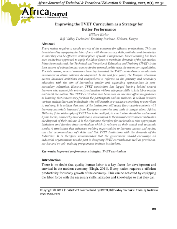 (PDF) Improving the TVET Curriculum as a Strategy for Better Performance