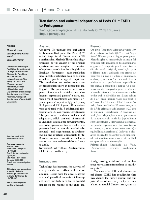 (PDF) Tradução e adaptação cultural do Peds QL TM ESRD para a língua ...
