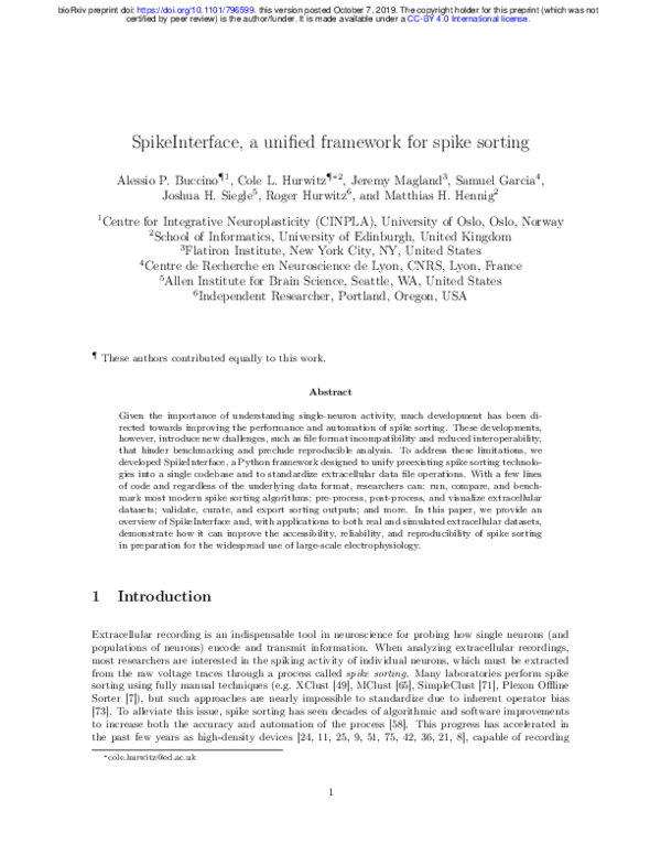 (PDF) An Unsupervised Online Spike-Sorting Framework