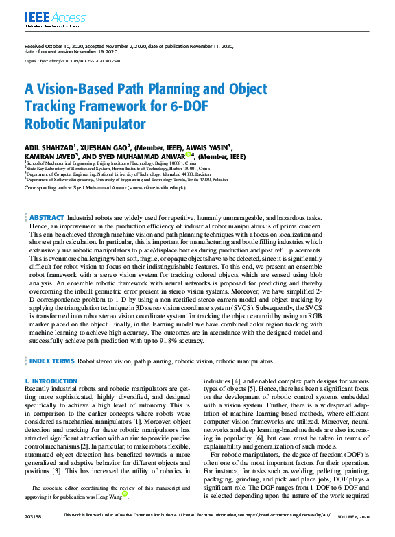 Pdf A Vision Based Path Planning And Object Tracking Framework For 6 Dof Robotic Manipulator