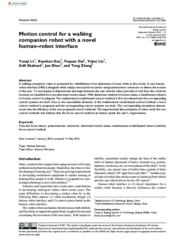 (PDF) Motion control for a walking companion robot with a novel human–robot interface