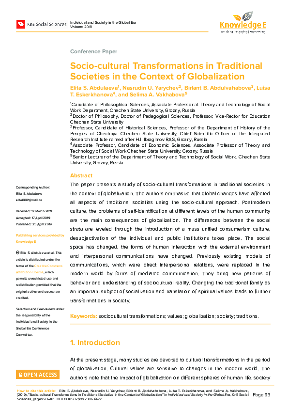 (PDF) Socio-cultural Transformations in Traditional Societies in the ...