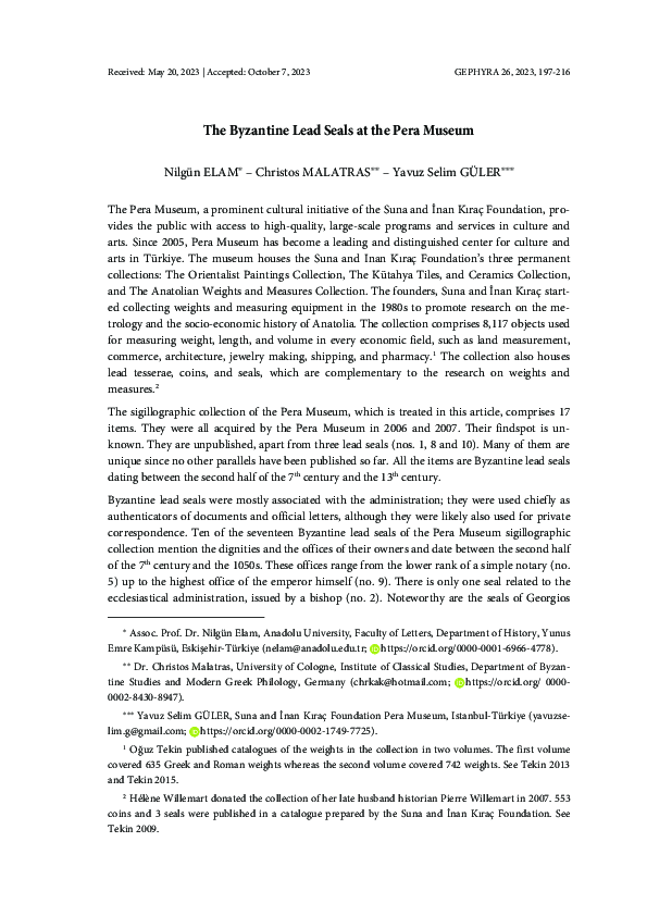 (PDF) The Byzantine Lead Seals at the Pera Museum, Gephyra 26 (2023 ...