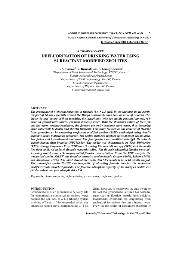 (PDF) Defluorination of drinking water using surfactant modified zeolites