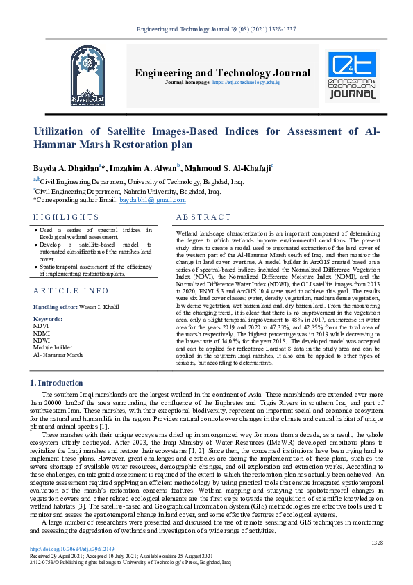 (PDF) Utilization of Satellite Images-Based Indices for Assessment of ...